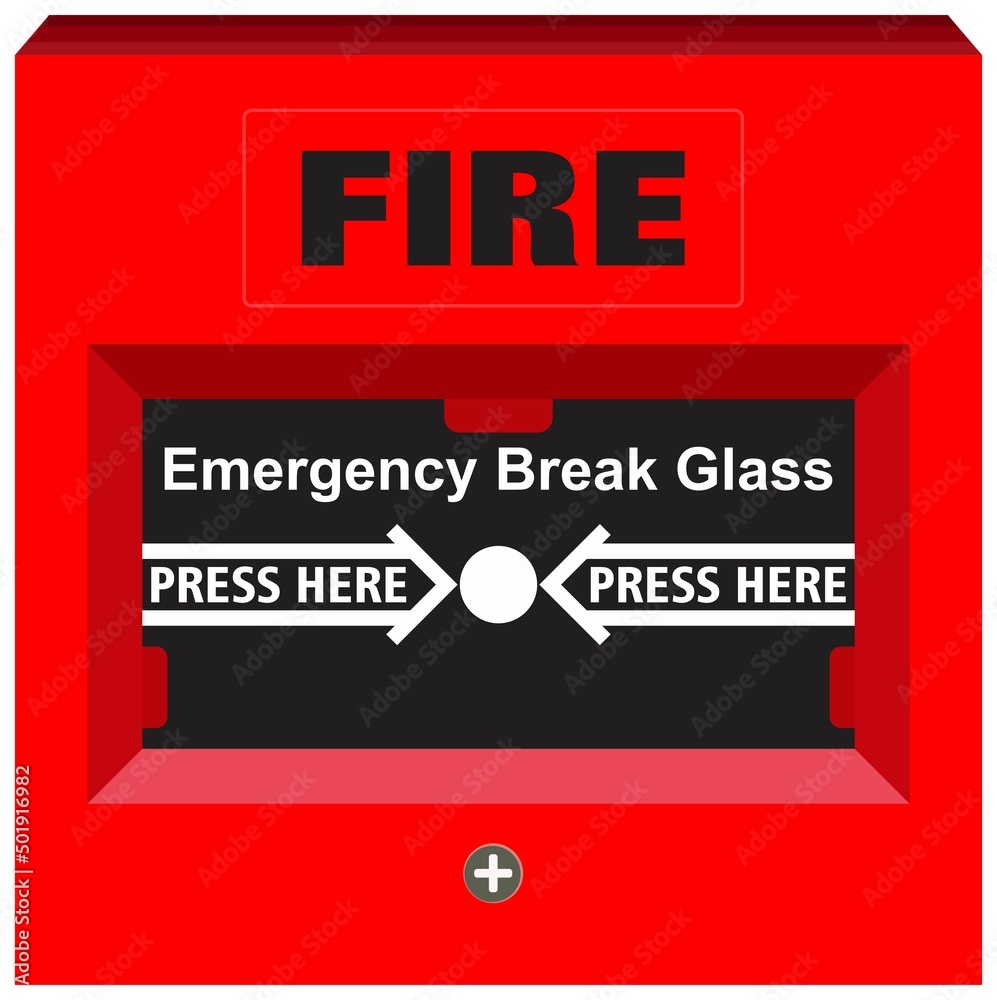 Vector fire alarm emergency break glass press here warning tool device ...