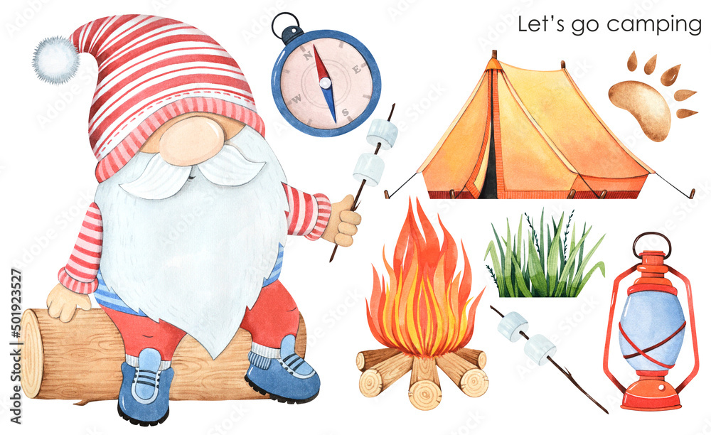 Camping set. Cute gnome on a white background. Tent, bonfire, compass ...