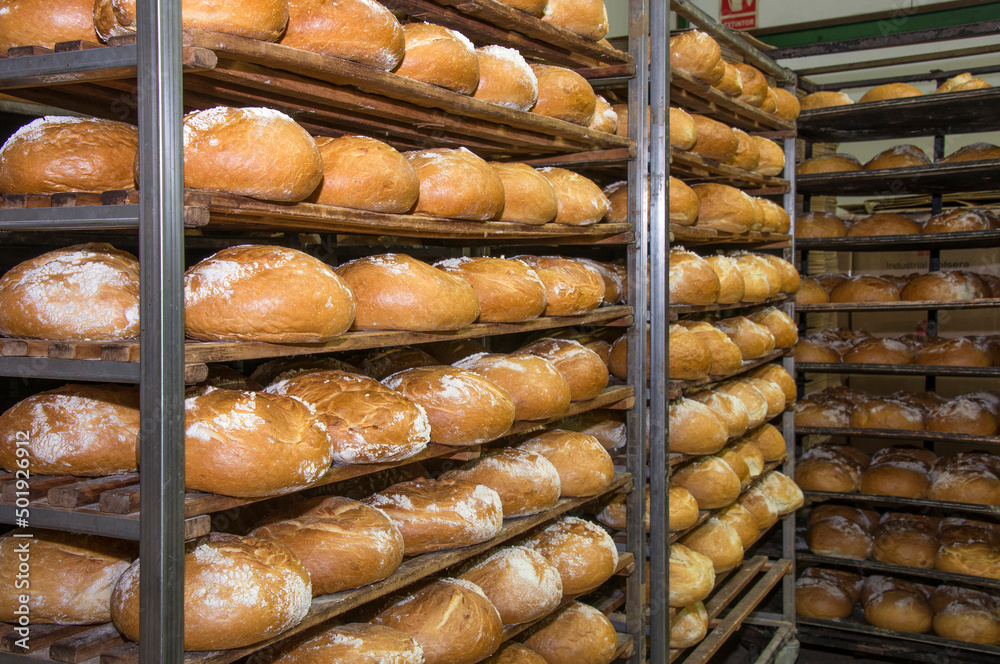 Bandejas de pan recién horneado en una panadería industrial foto de ...