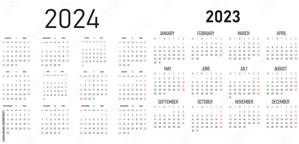 Horizontal vector design of 2024 and 2023 year calendars. 2024 and 2023 ...