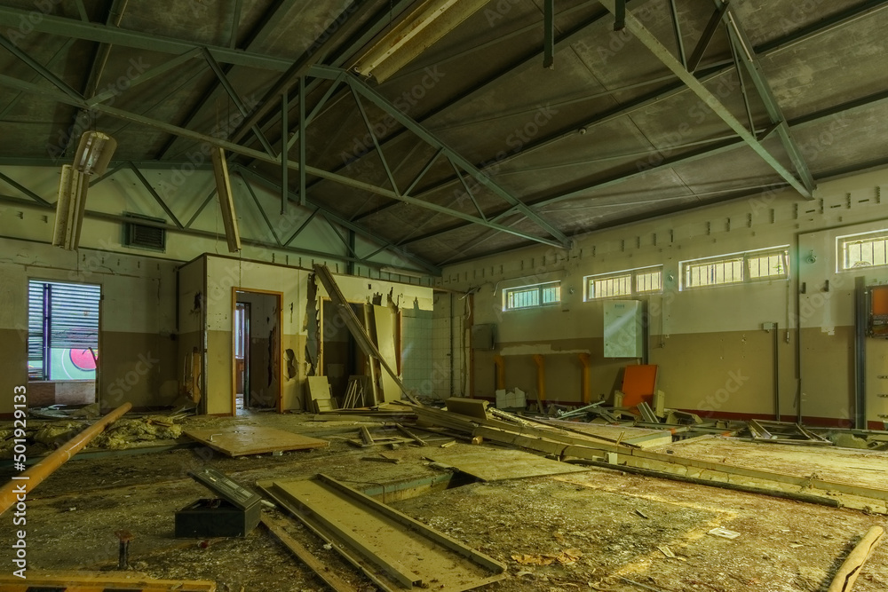 inside an abandones old industrial military base hall Stock Photo ...