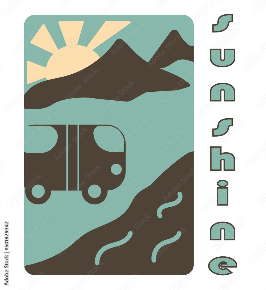 Retro bus poster in vintage style. Vector illustration of a landscape ...