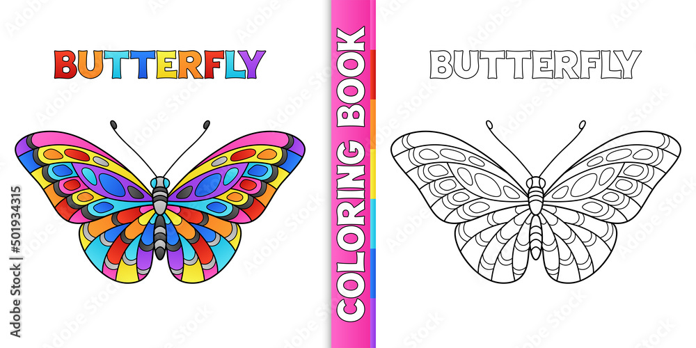 Design of Page for Coloring Book with Cartoon Butterfly for Child's ...
