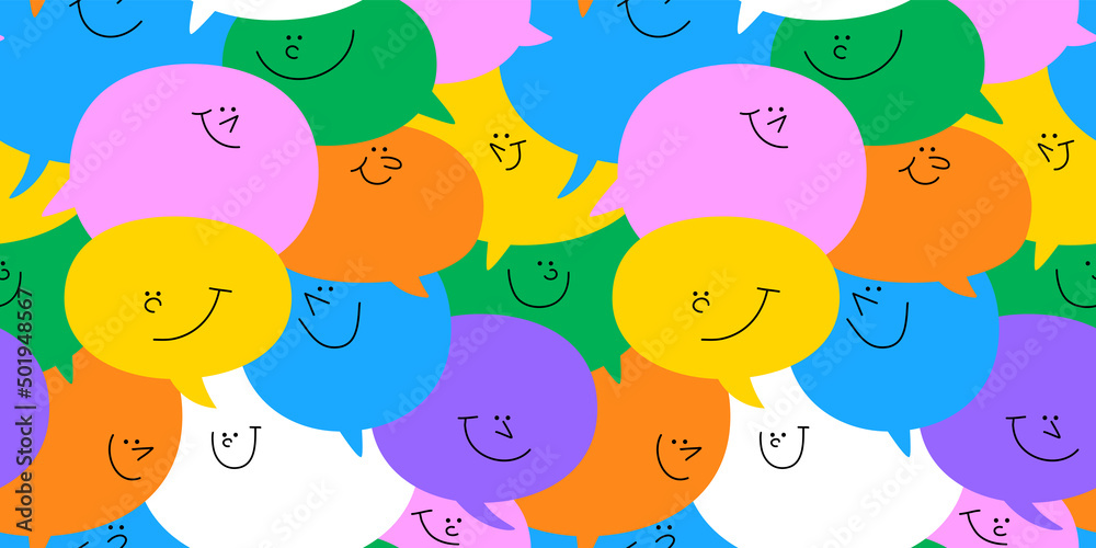 Diverse colorful chat bubble seamless pattern illustration. Multi color ...
