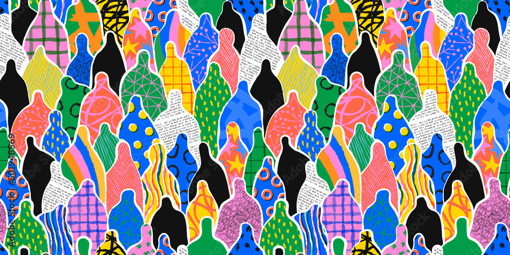 Colorful diverse people crowd abstract art seamless pattern. Multi ...