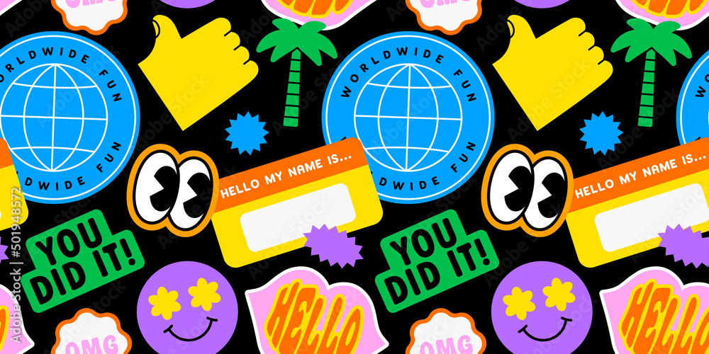 Funny smiling happy face colorful sticker label seamless pattern. Retro ...