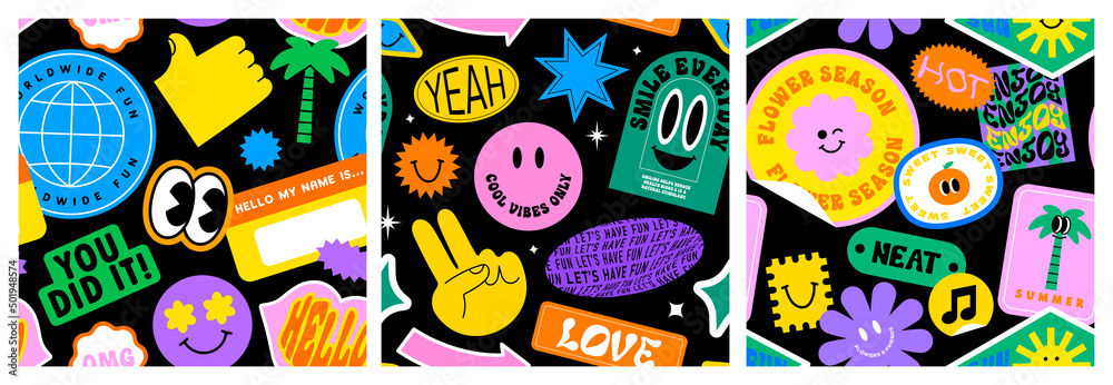 Colorful funny happy face label seamless pattern set. Collection of ...
