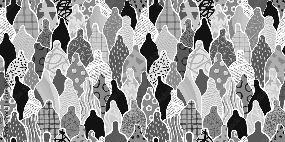 Gray scale diverse people crowd abstract art seamless pattern. Multi ...