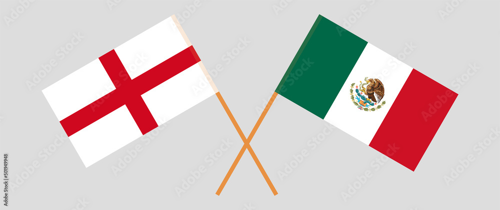 Crossed flags of England and Mexico. Official colors. Correct ...