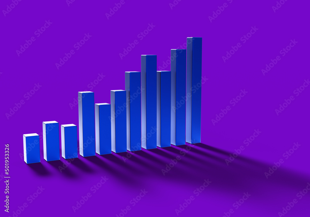 Growing chart. Blue volumetric bars show constant growth. Chart shows ...