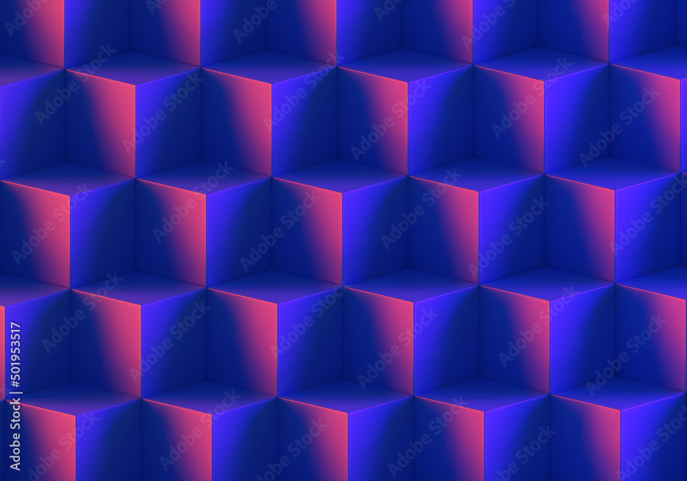 Cube background. Geometric cubes backdrop. Purple neon design. Metric ...
