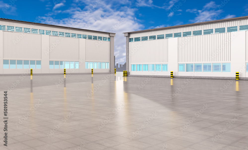 Warehouse buildings. Territory of modern warehouse center. Facades of ...