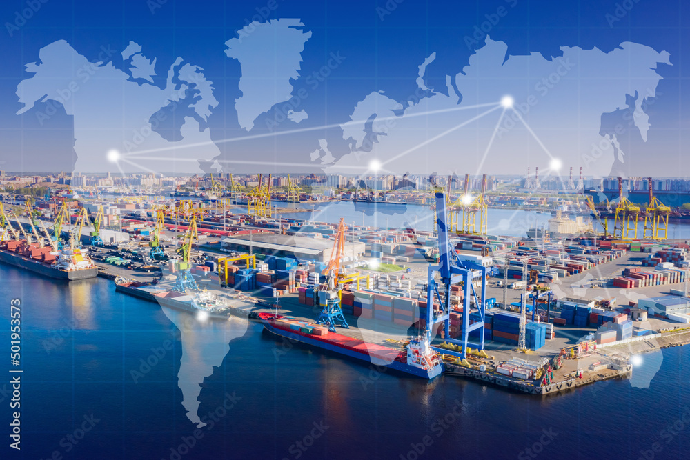 Large cargo port. Sea cargo port from bird's eye view. Maritime ...