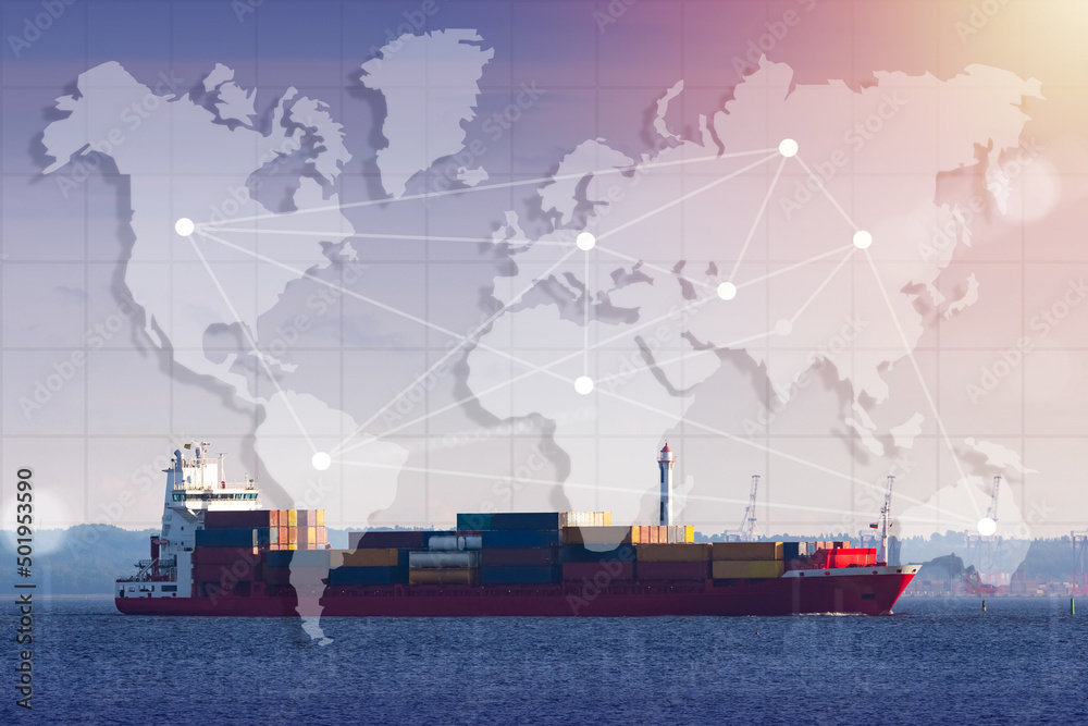 Marine cargo logistics. Container ship is sailing on sea. World map as ...