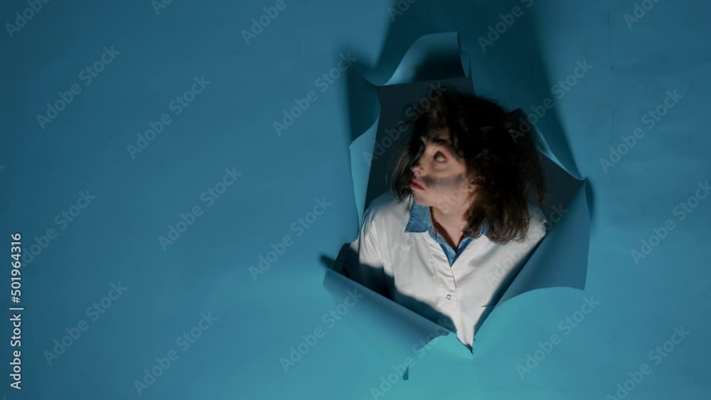 Portrait of mad crazy chemist with messy hair after scientific ...