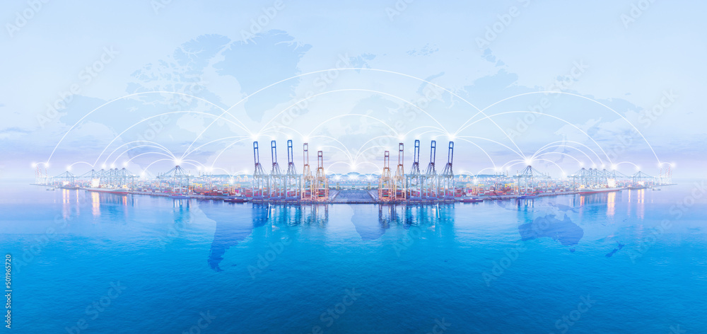 Island for Container ship loading and unloading, World map with Global ...