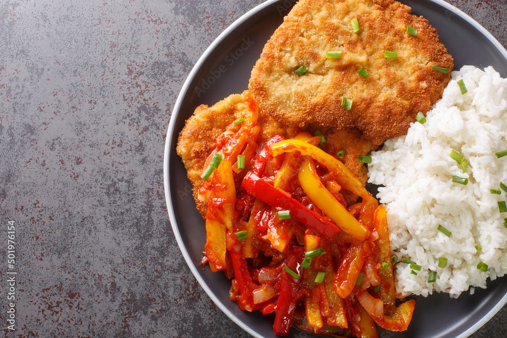 Closeup of delicious fried breaded meat Gypsy Schnitzel with spicy ...
