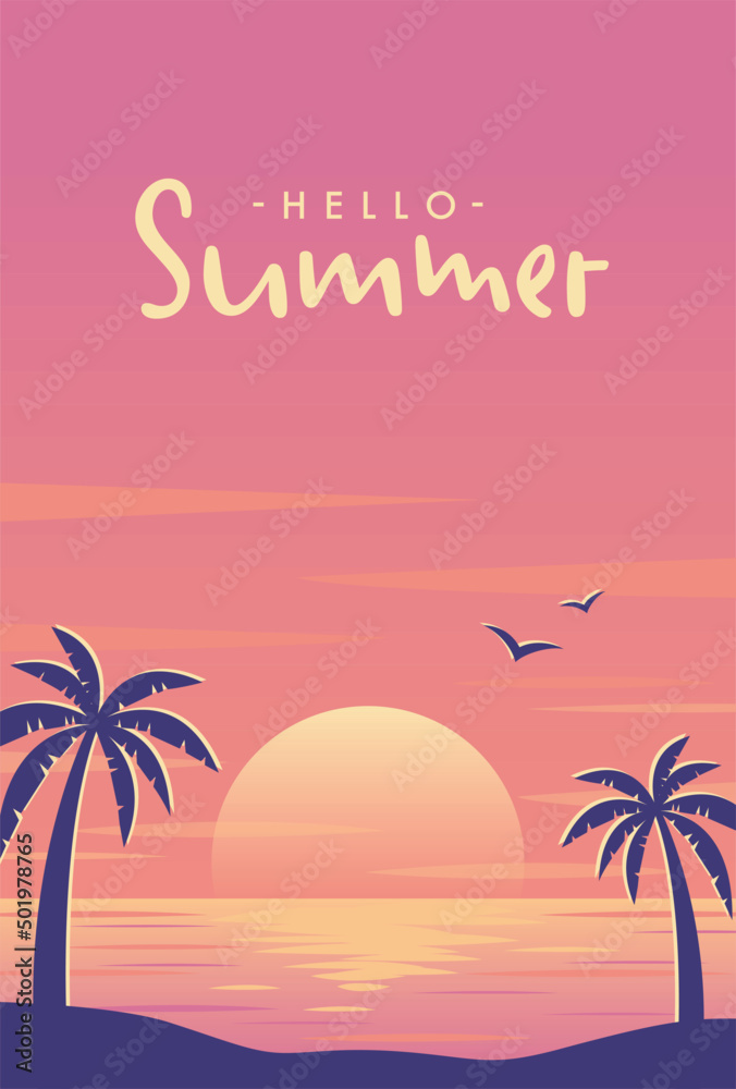 vector background with sunset on the beach with palms for banners ...