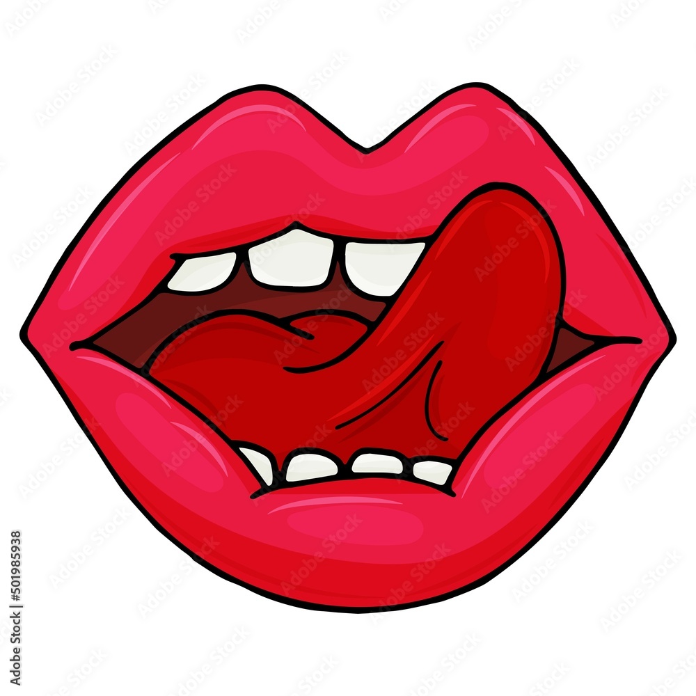 Female Mouth Tongue Licks Red Lips Vector Illustration Freehand
