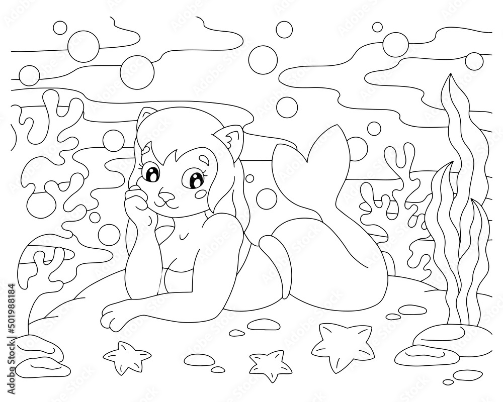 Coloring book page for kids. Cute mermaid. Cartoon style character ...