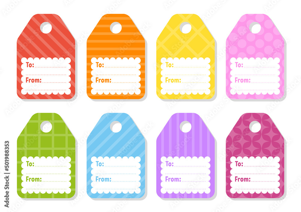 Gift tags. Bright stickers. Rectangular label. For holidays with space ...