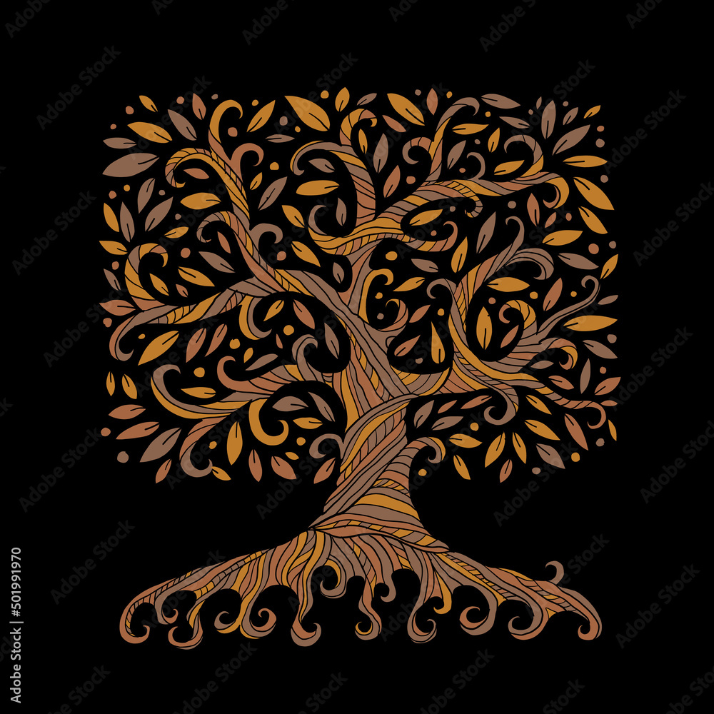 Old big family tree with roots. Isolated on black background. Concept ...