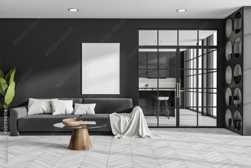 Dark studio room interior with empty white poster Stock Illustration ...