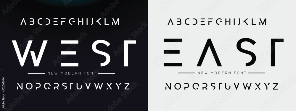 WEST EAST Sports minimal tech font letter set. Luxury vector typeface ...