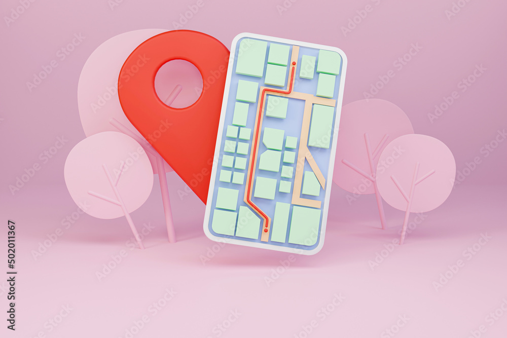 3D cartoon of a mobile phone showing GPS, delivery location isolate ...