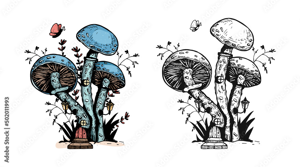 blue mushroom vector coloring sketch. fantastic mushroom vector ...