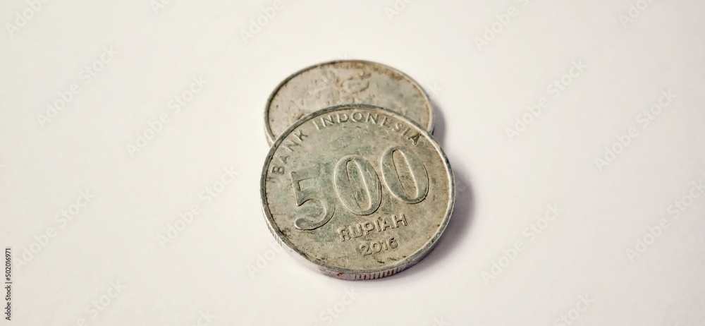 wo side of old 500 rupiah coin from Bank Indonesia with a grey ...