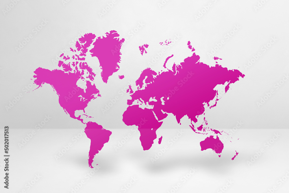 Purple world map on white wall background. 3D illustration Stock ...