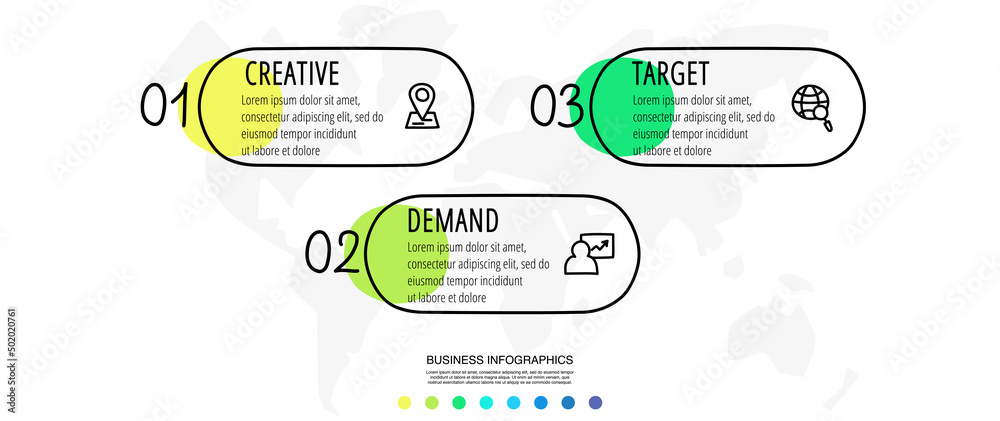 Flow infographics or timeline three circles cards connected by arrows ...