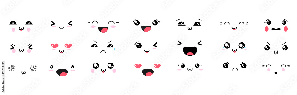 Kawaii cute faces. Manga style eyes and mouths. Funny cartoon japanese ...