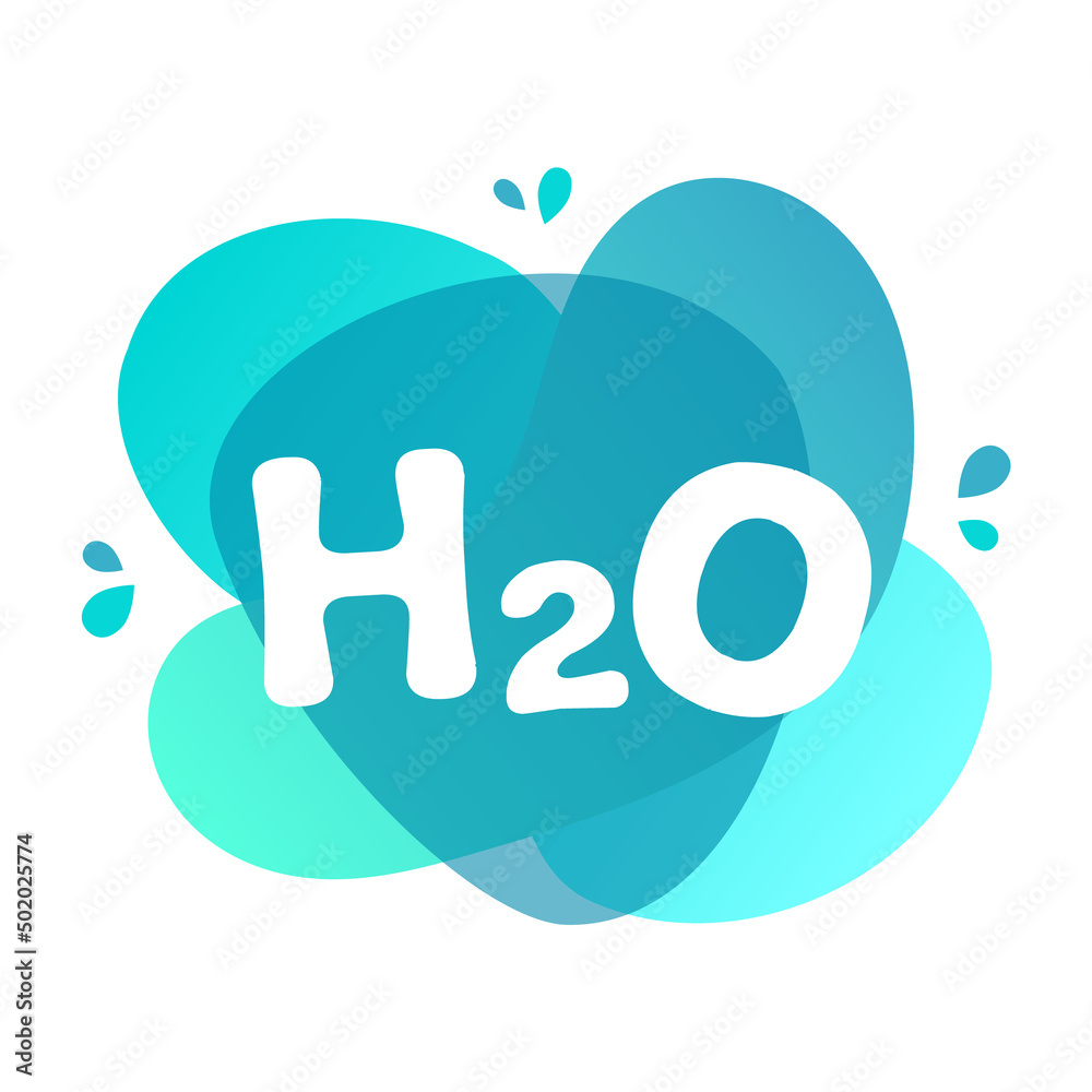 Water symbol on blue splatter background. H2O sign on liquid shapes ...