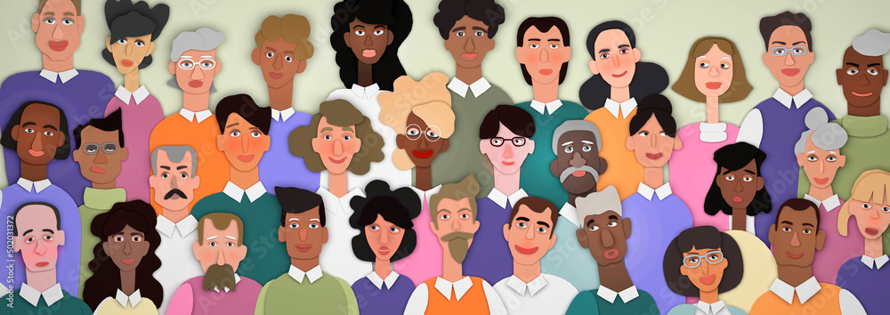 Background with lots of people, smiling to camera. People all ages, big ...