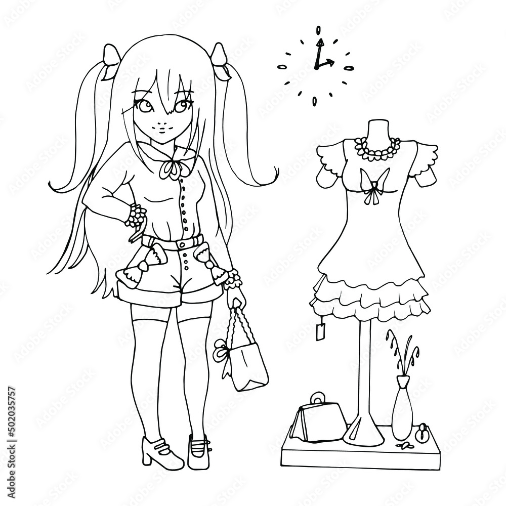 vector coloring page with cute girl, line illustration Stock Vector ...