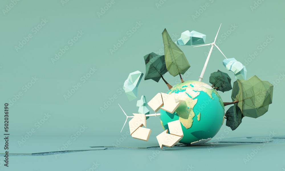 Green earth recycle concept Earth day surrounded by globes, trees ...