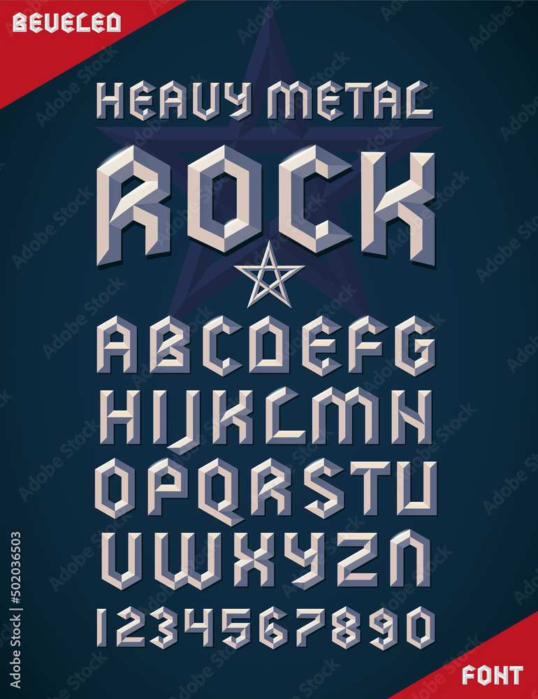 Gothic font, metallic beveled alphabet and numbers. Upper case. Vector ...