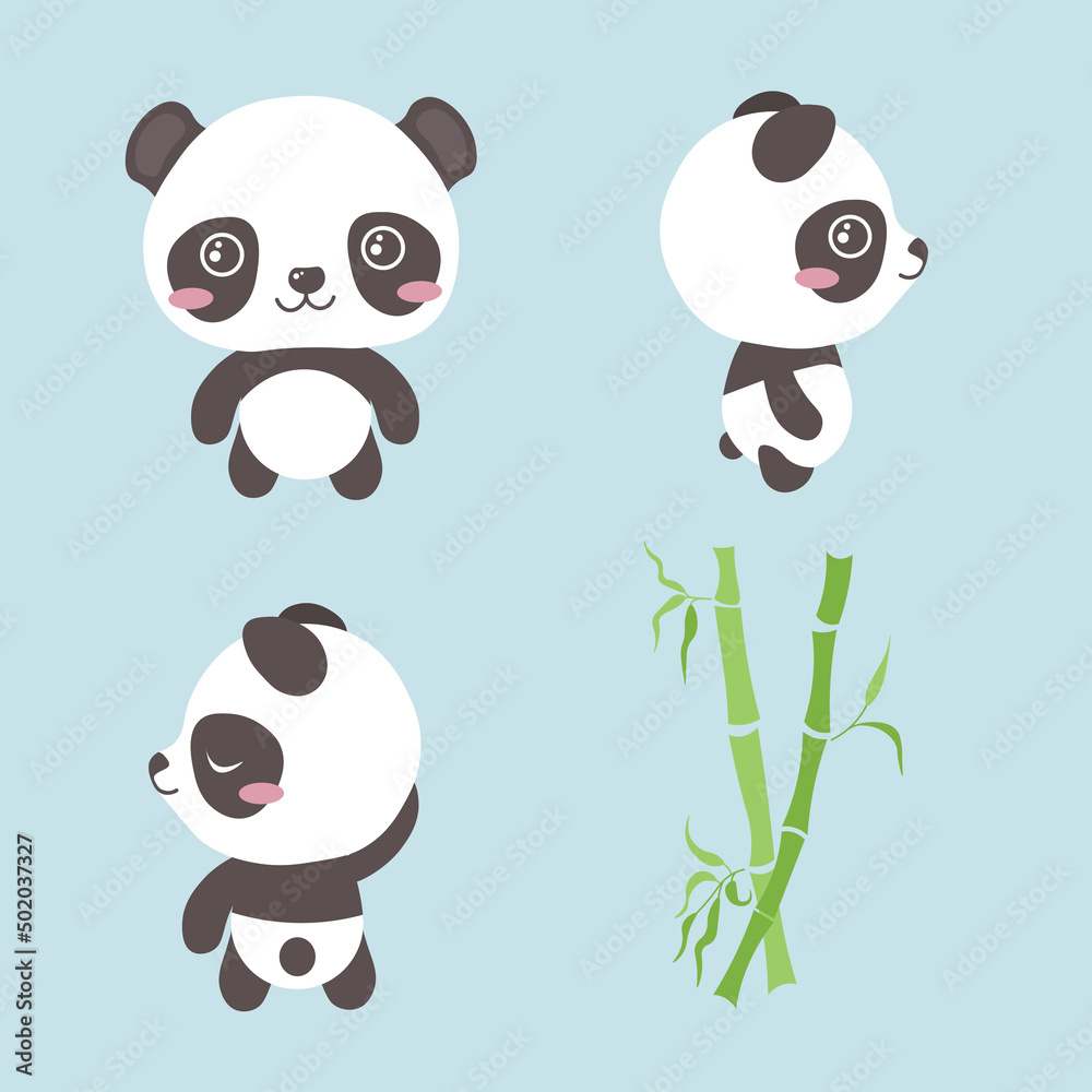 Set of beautiful character pandas on blue background. Vector ...