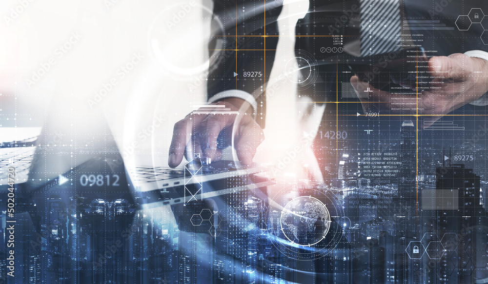 Data science, digital technology, internet global network, big data concept. Computer programmer ...