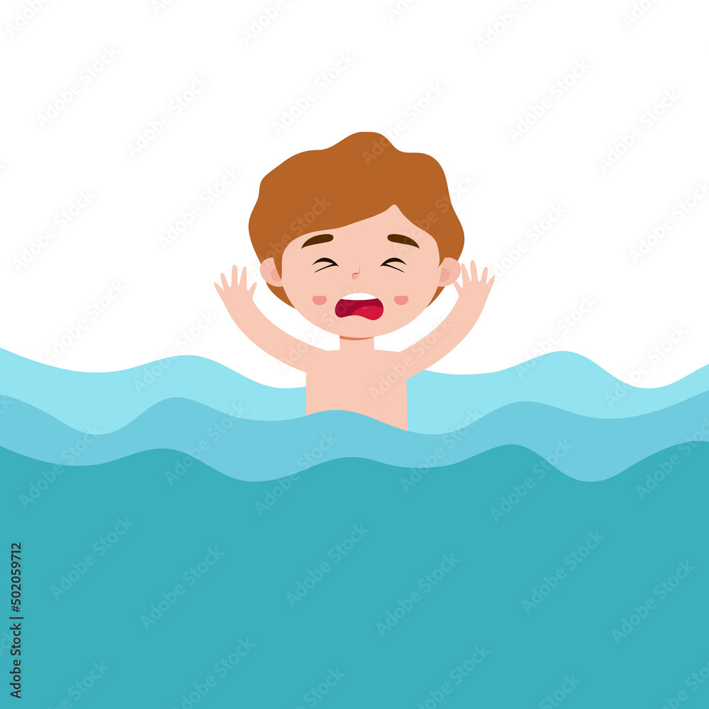 Cute kid drowning in water, is shocked. children raising hand up for ...