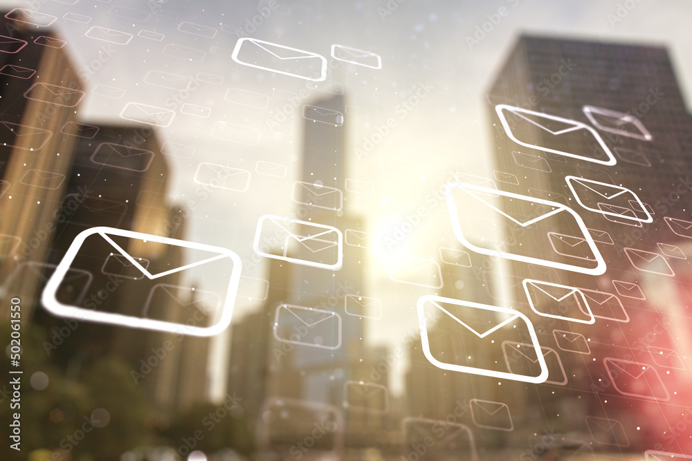 Abstract virtual postal envelopes illustration on office buildings ...