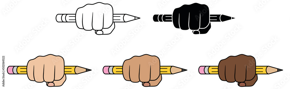 Hand Holding Artist Pencil Clipart Set - Outline, Silhouette and Color ...