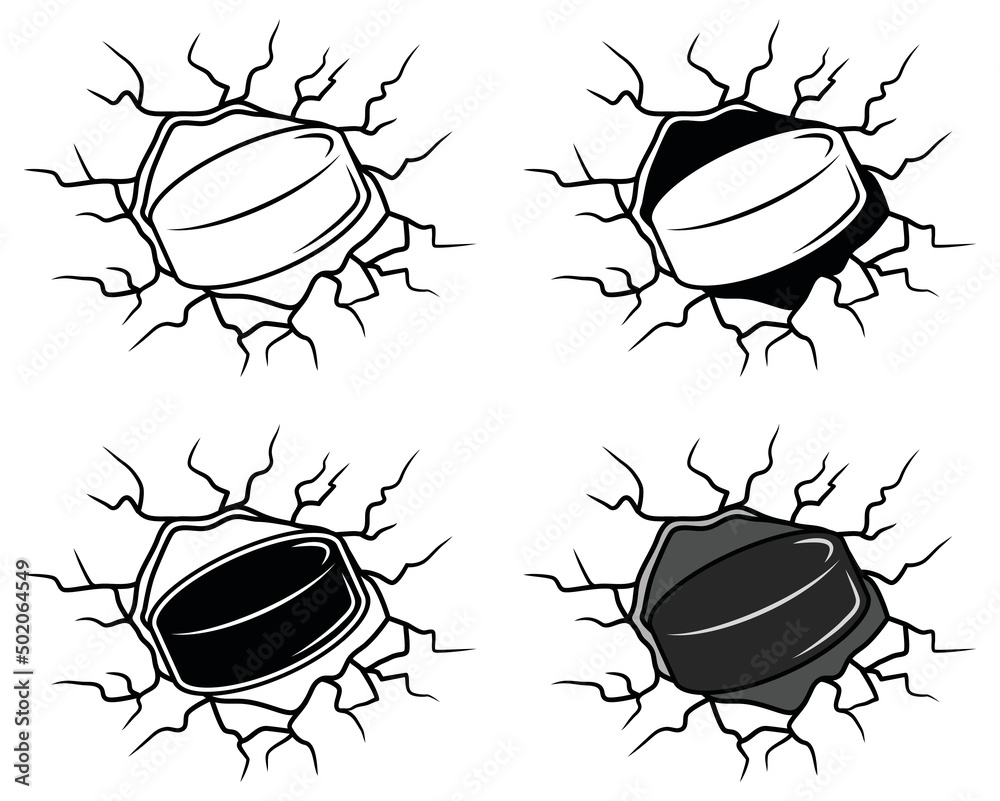 Hockey Puck breaking through a wall Clipart Set - Outline, Silhouette ...