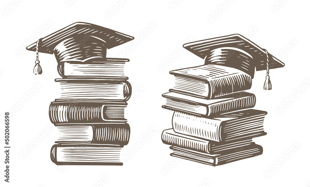 Stack of books with graduation cap sketch. Studying in college, school ...