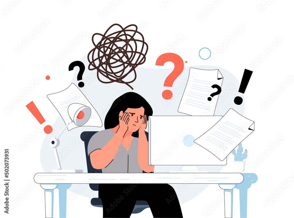 Confused female employee with chaos in head. Frustrated overworked ...