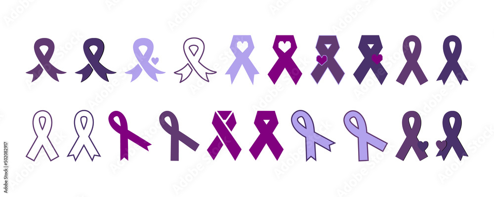 Set of purple ribbon icons. Dementia awareness, cancer, epilepsy and ...