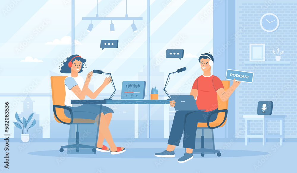 Recording audio podcast. Live streaming, broadcast, news, interview ...