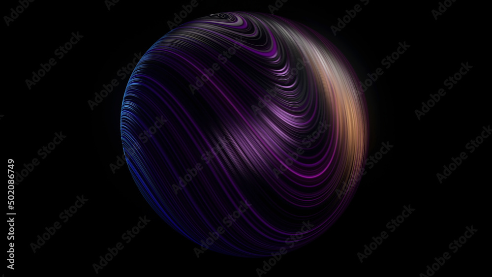 Abstract 3D ball covered with many narrow curved lines rotating ...